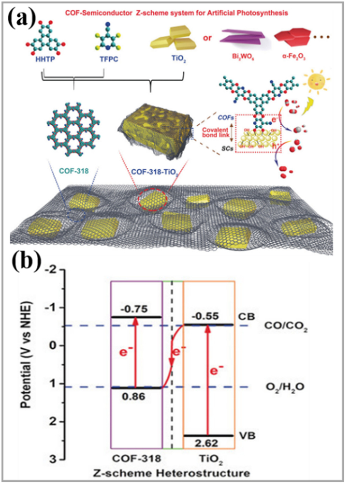 Fig. 9. (a) COF-semiconductor Z-scheme system for artificial ...